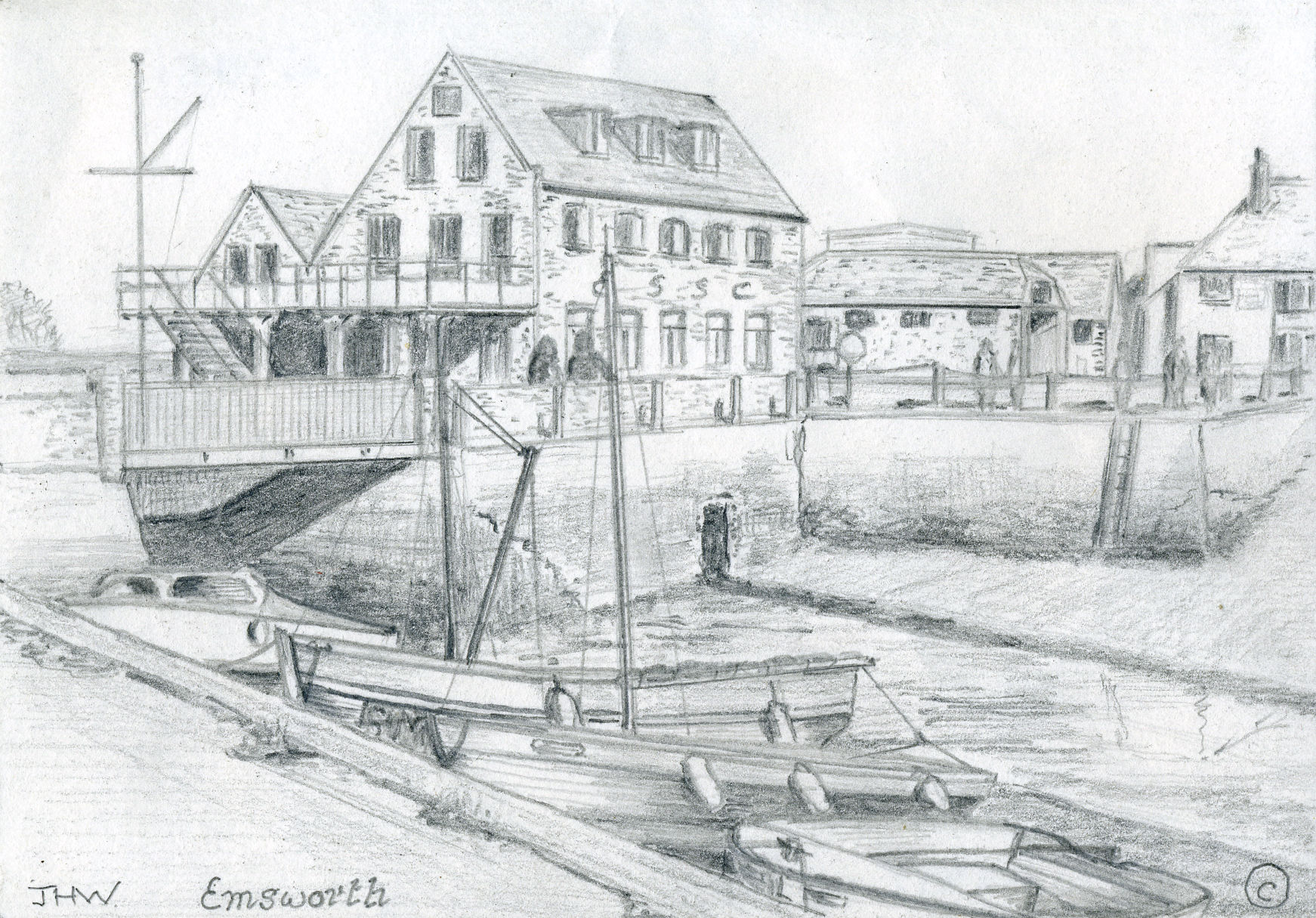 Pencil drawing of South Street Quay, Sailing Club, and Quay House ...